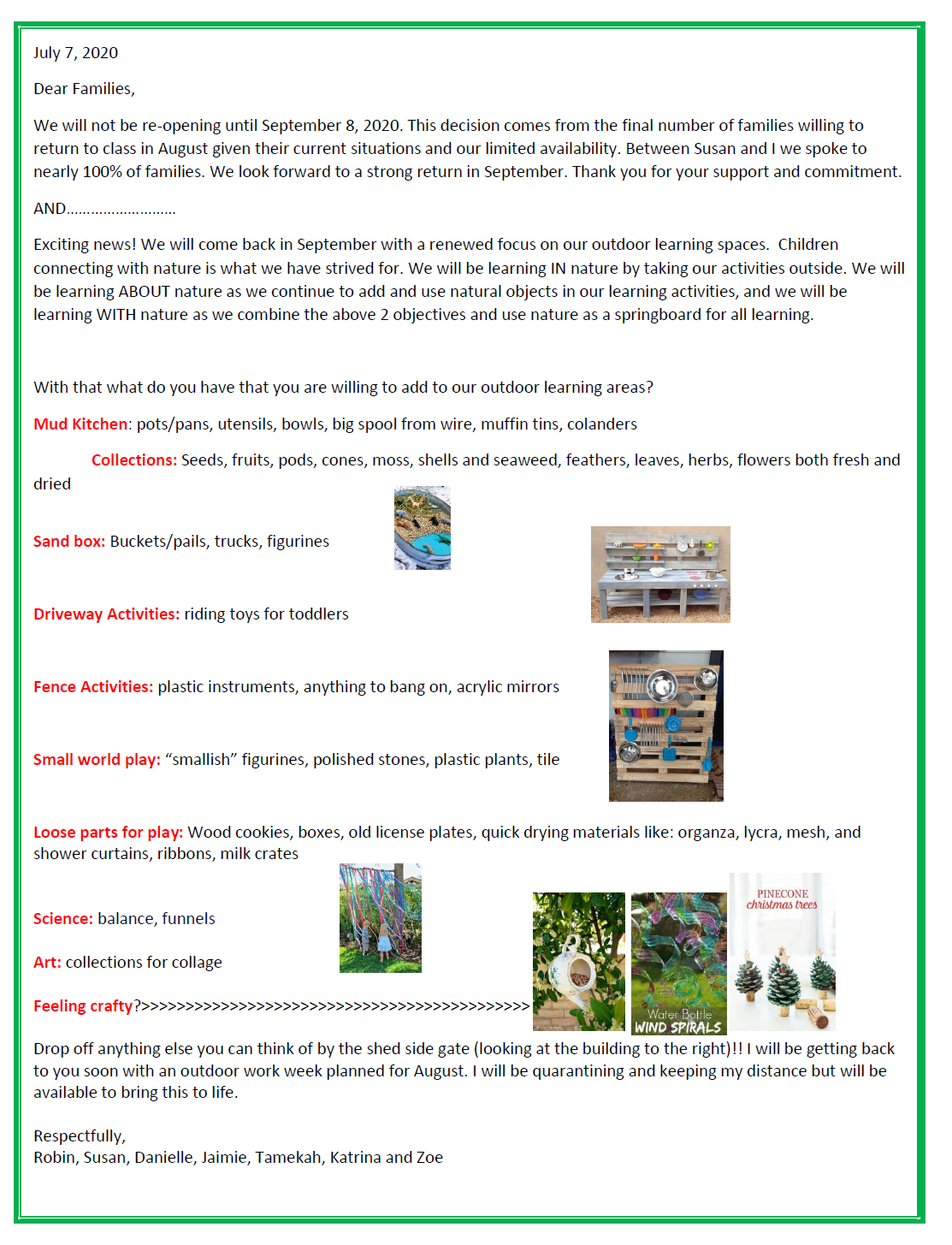 Parent Letter July 2020 | Friendship Garden Nursery School